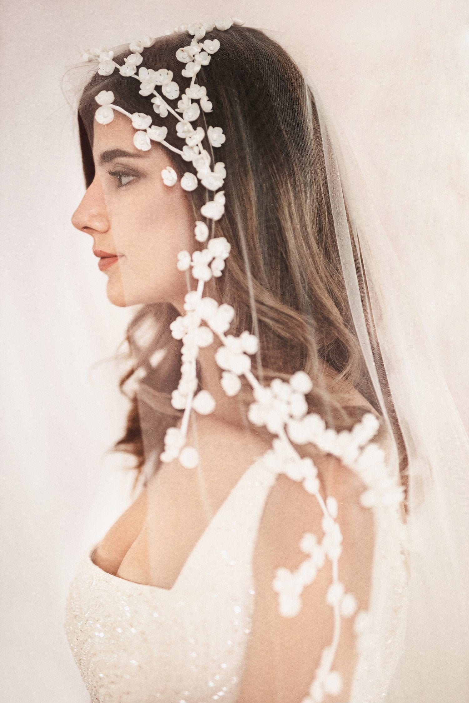 Veil With Flowers & Pearls Flower Veil Cathedral Length | Etsy