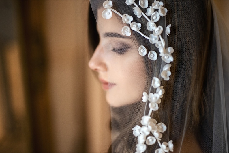 Veil With Flowers & Pearls Flower Veil Cathedral Length | Etsy