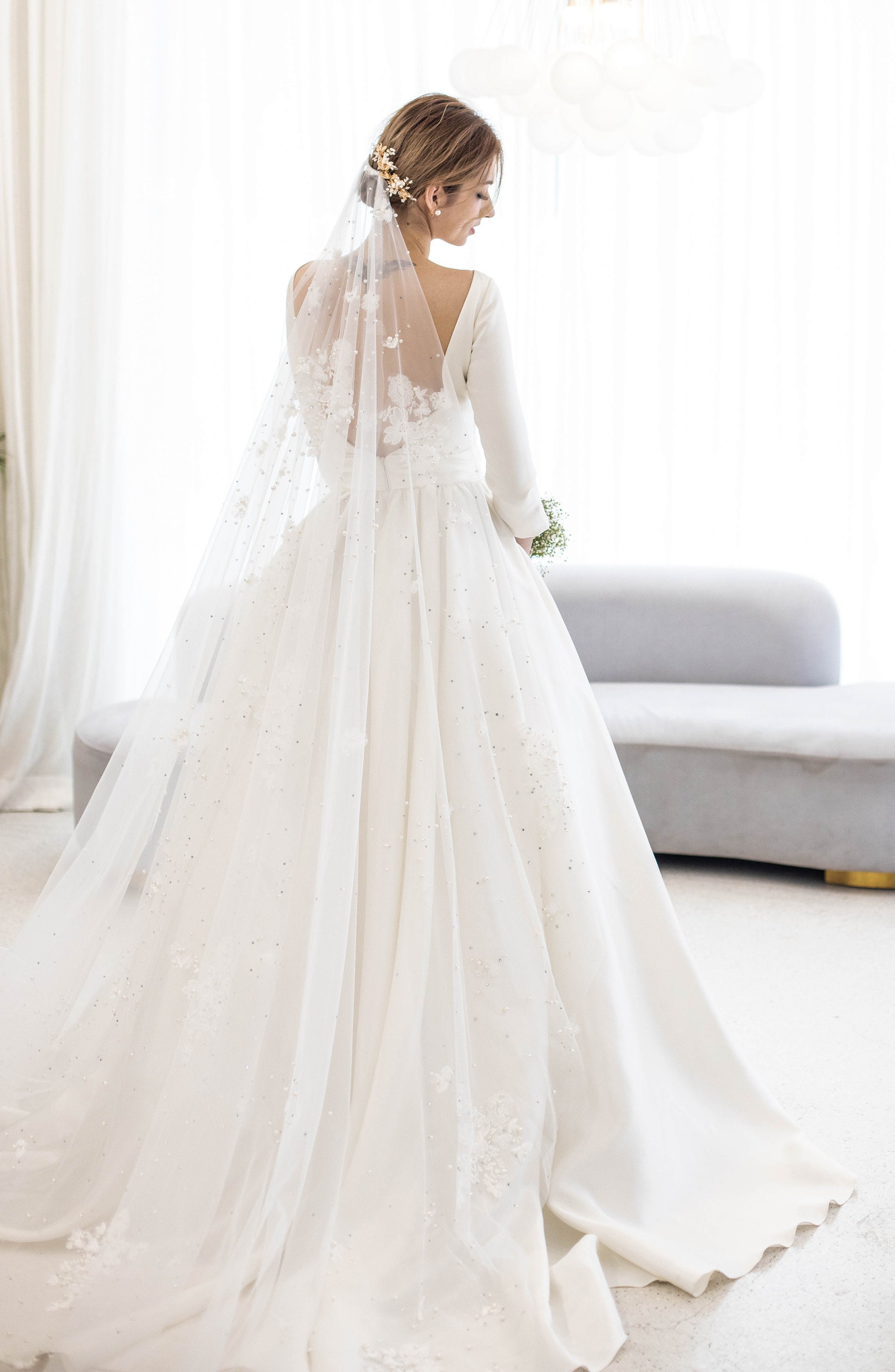 Soft Ivory Tulle Wedding Veil With Lace and Pearls, Chapel & Cathedral ...