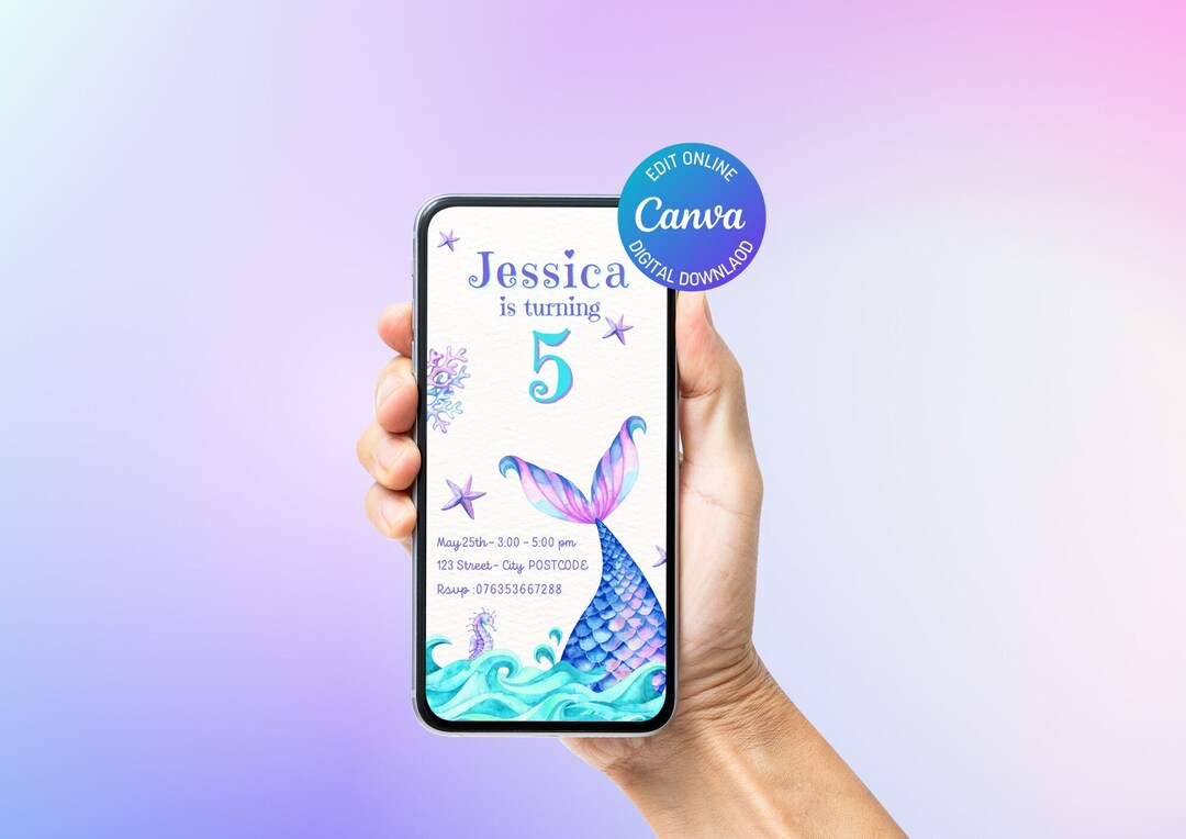 Editable Mermaid Children's Digital Party Invitation DIY Digital ...