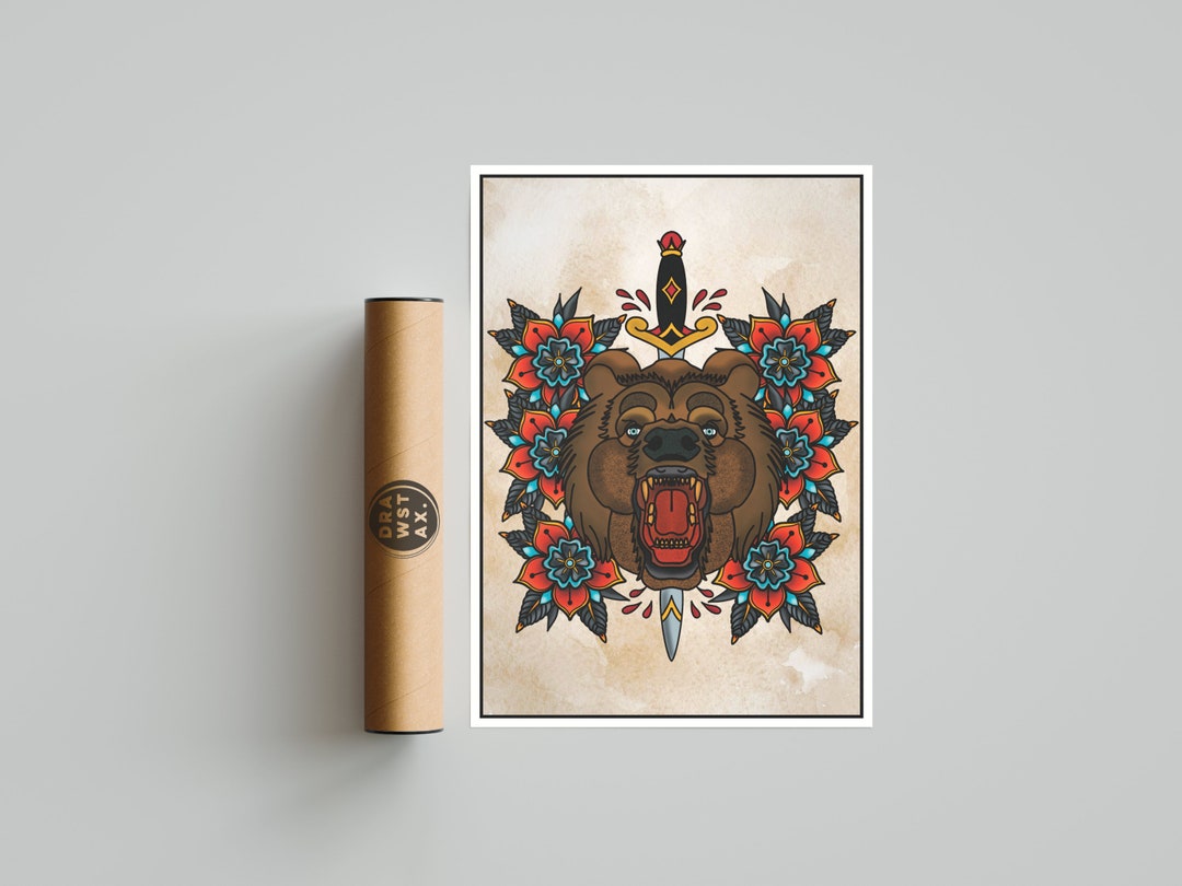 Traditional Style Bear & Dagger Art Print Traditional Tattoo Flash Art ...