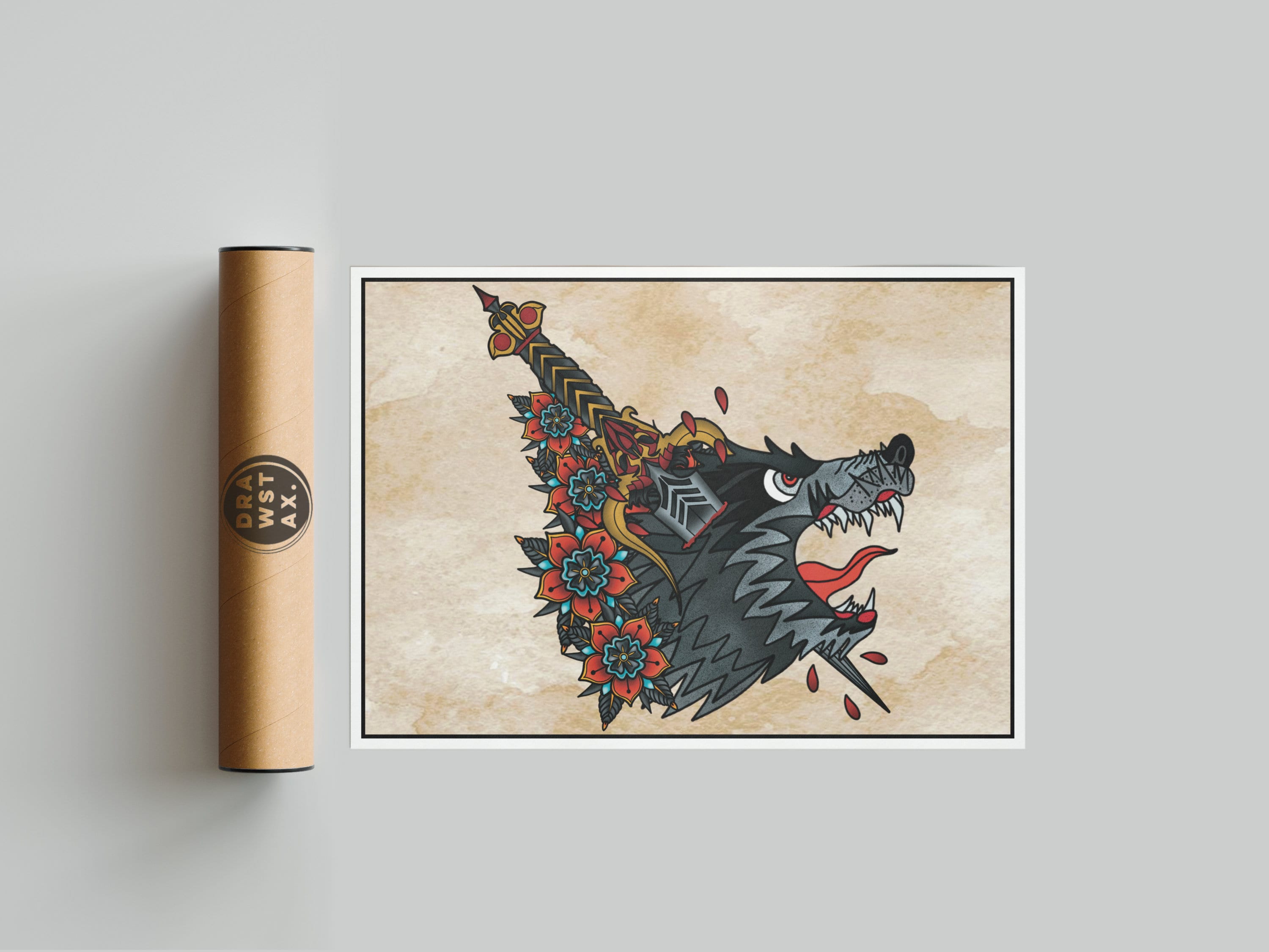 Traditional Wolf Dagger Tattoo