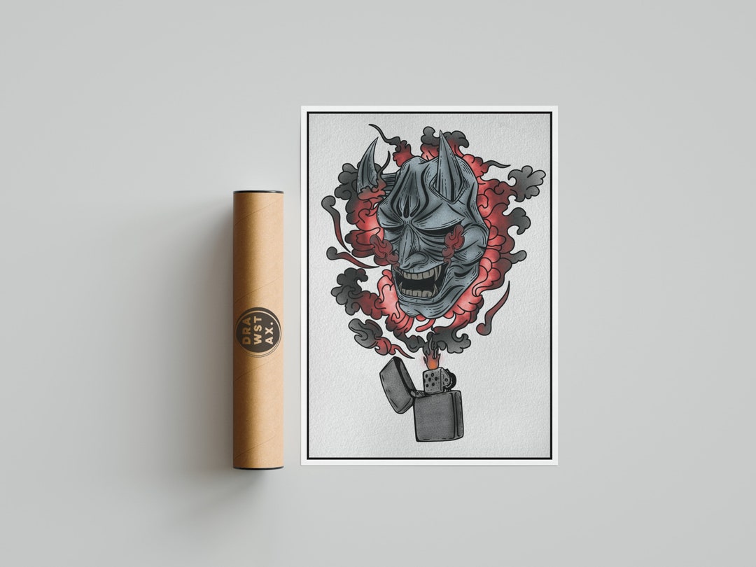 Japanese Hannya Demon Lighter Mask Art Print Oni Mask Japanese Oni ...