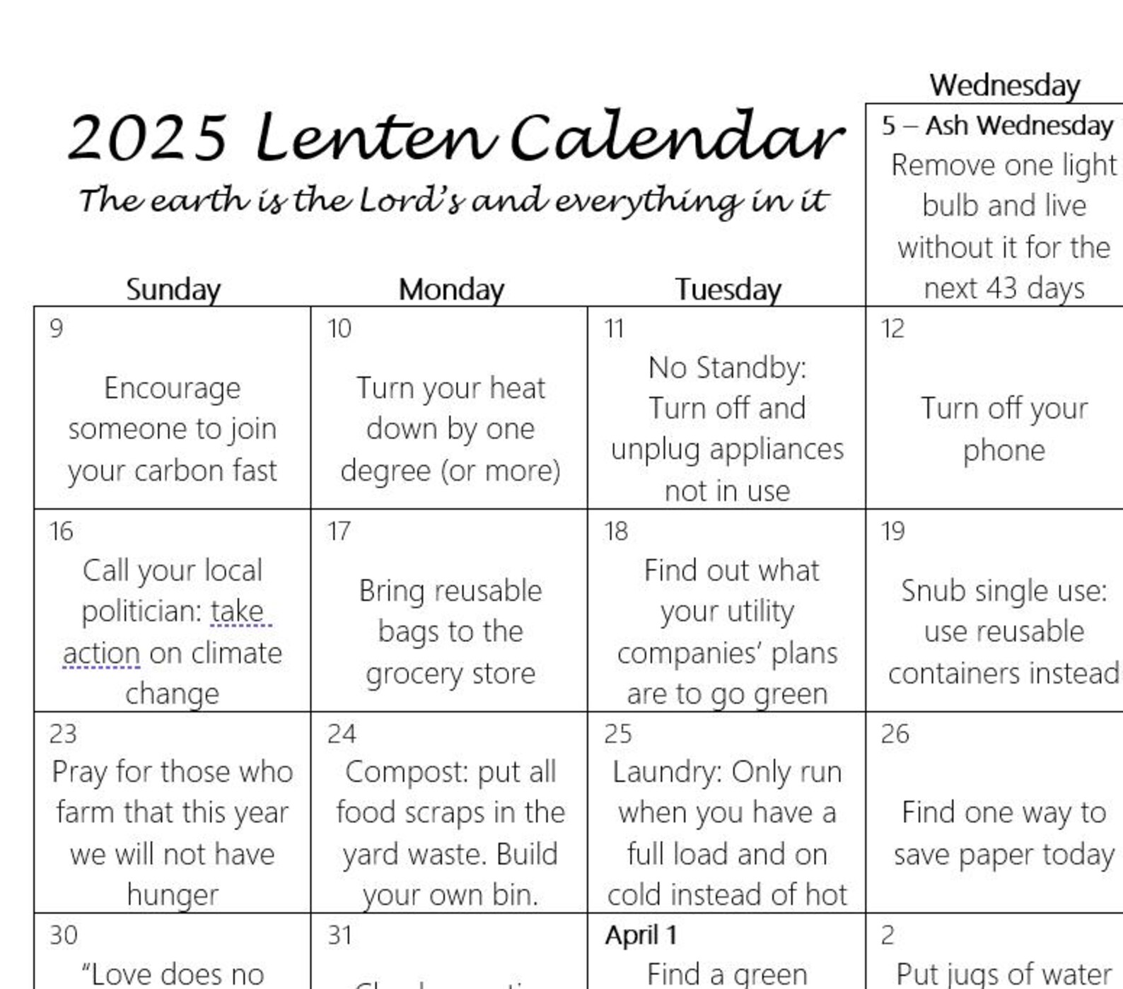 2025 Carbon Fast Lenten Calendar - Digital Download - Etsy