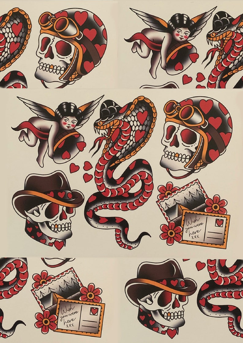 Traditional Love Heart Tattoo Flash Sheet | Etsy