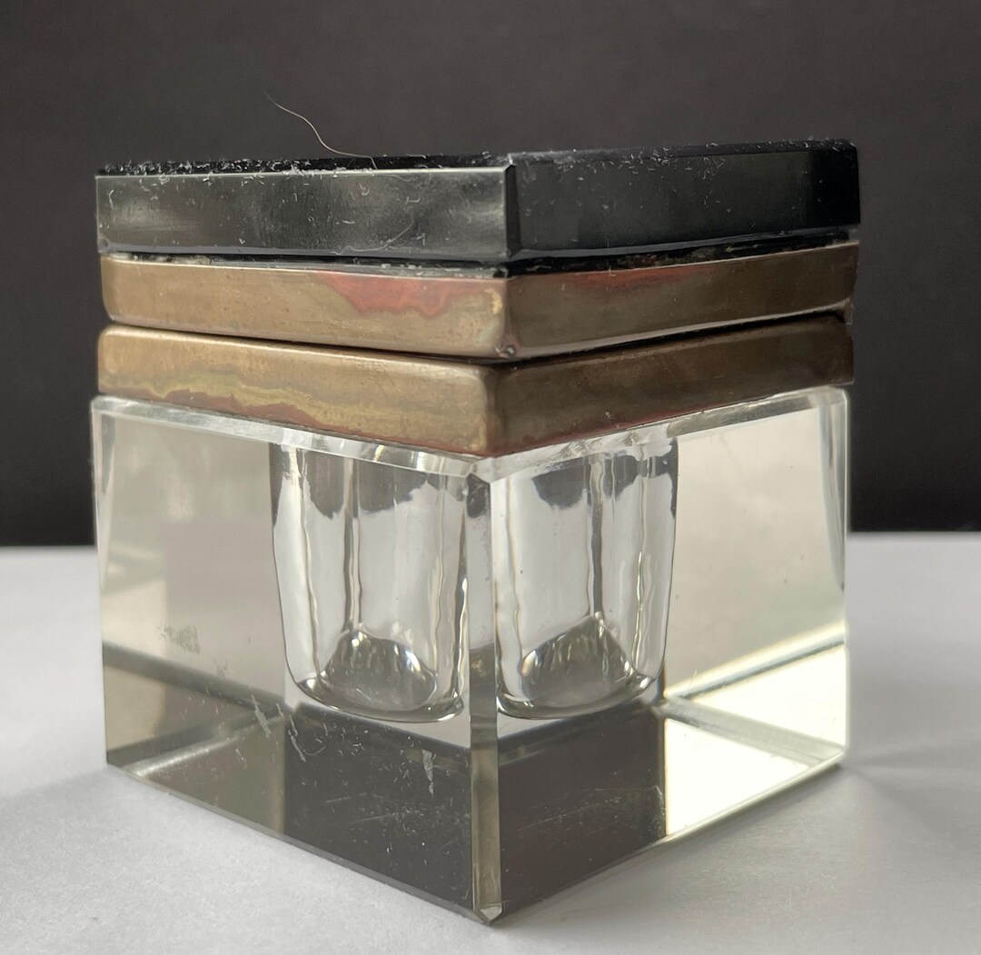 Antique Lead Glass INKWELL | Hinged Black Glass Lid - Etsy