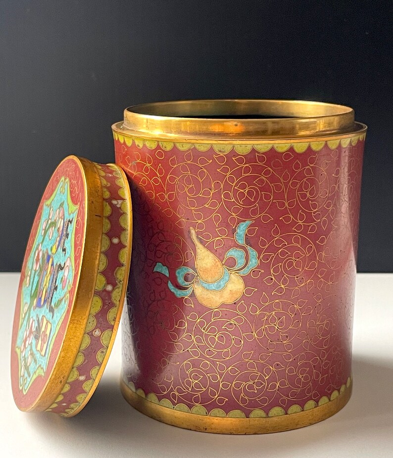 Antique Enameled Copper Tea Canister, Chinese Cloisonne, Floral Pattern ...