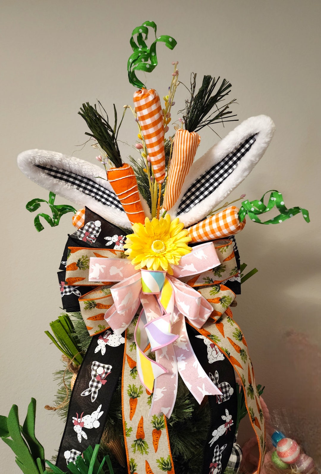 Bunny Ears Tree Topper,farmhouse Eater Topper, Buffalo Plaid Carrot ...