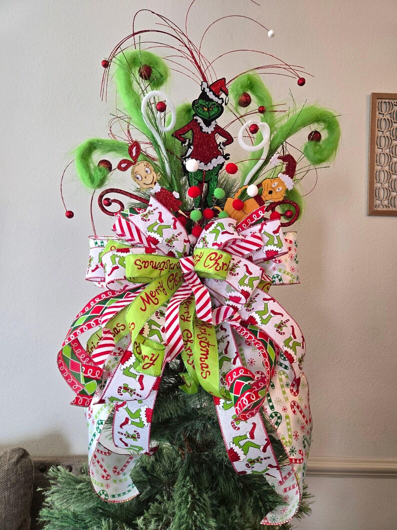 Whimsical Tree Topper, Bright Green and Red Topper,green Monster, Candy ...