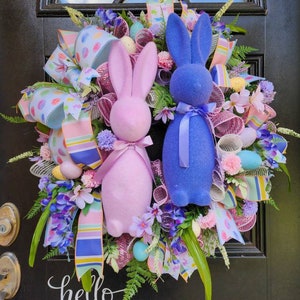 Flocked Bunny Easter Wreath,spring Bunnies Wreath,bright Spring Floral ...