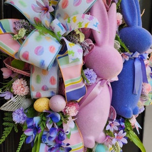 Flocked Bunny Easter Wreath,spring Bunnies Wreath,bright Spring Floral ...