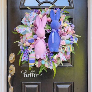 Flocked Bunny Easter Wreath,spring Bunnies Wreath,bright Spring Floral ...
