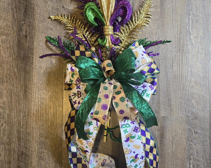 Mardi Gras Tree Topper,new Orleans Decor,purple and Gold Bow,mardi Gras ...