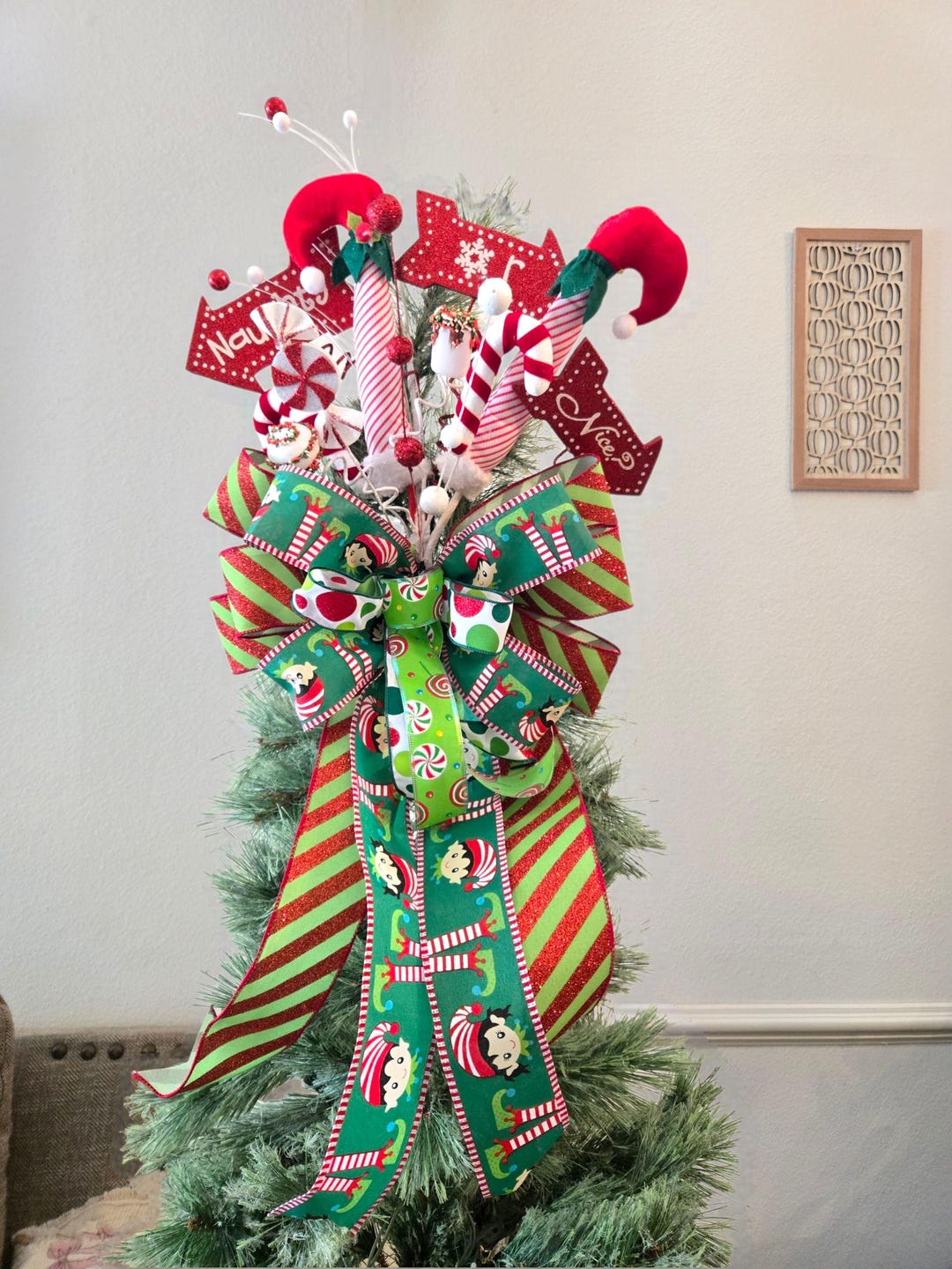 Whimsical Elf Legs Christmas Tree Topper: Candy Bow Decor - Etsy