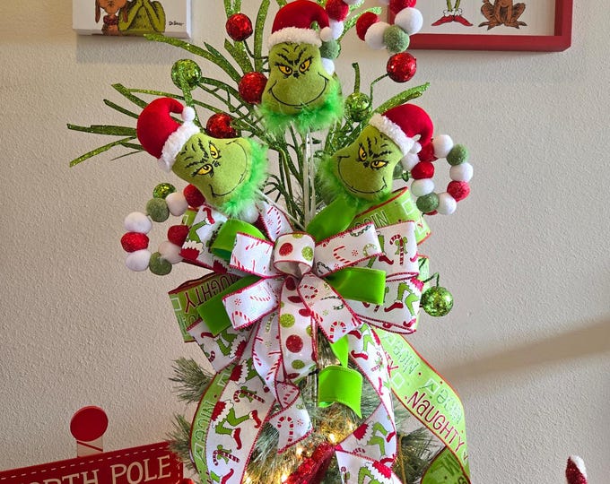 Whimsical Tree Topper, Bright Green and Red Topper,green Monster, Candy ...
