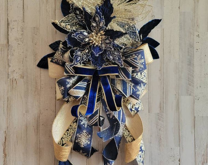 Blue and Gold Christmas Tree Topper,blue and Gold Bow,tree Topper ...