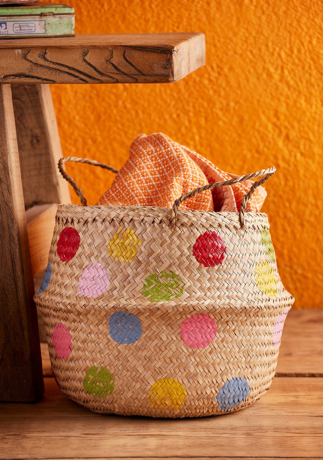 Rainbow Dot Seagrass Basket Large Etsy
