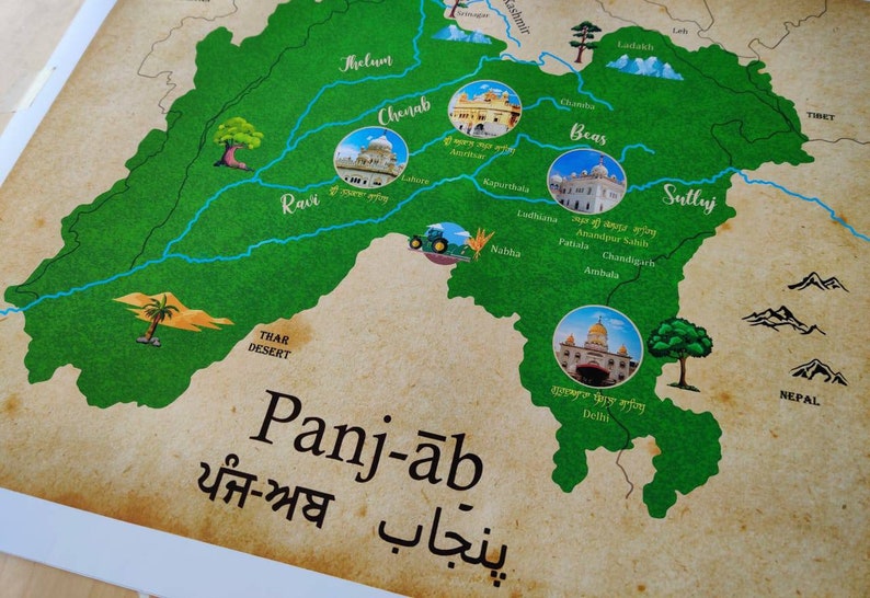 Map of Punjab land of 5 Riversart of Punjabpunjabi - Etsy UK