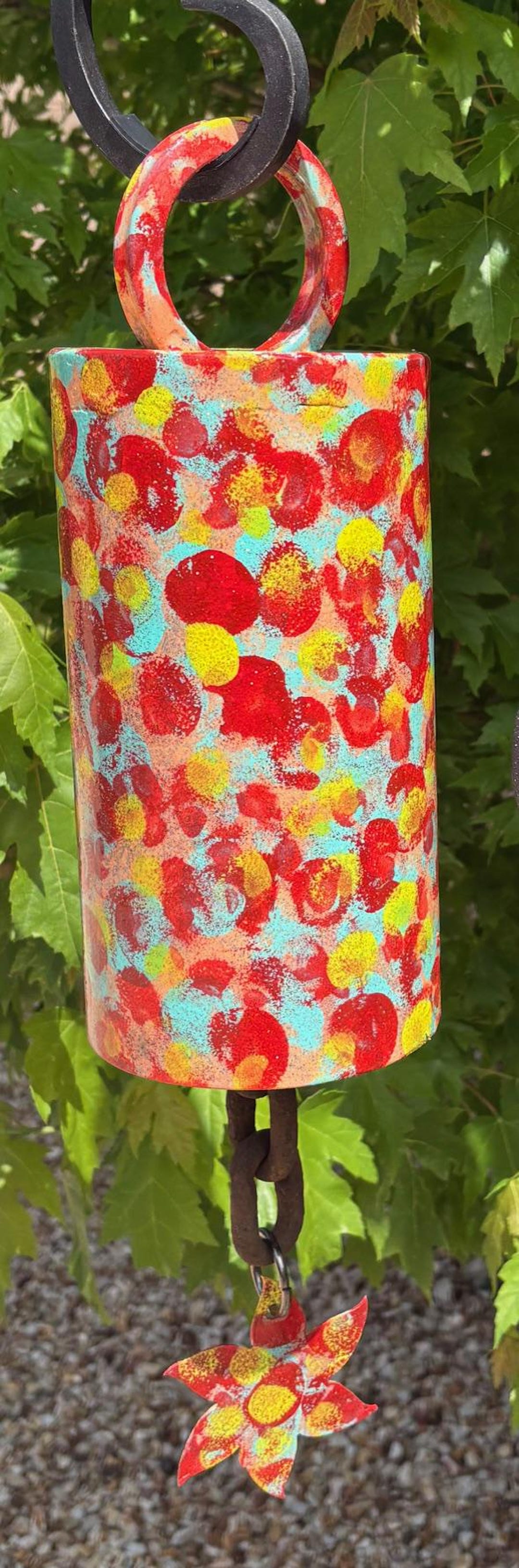 Steel Cylinder Tank Bell Hand Painted Red Peach Turquoise Yellow Rustic ...