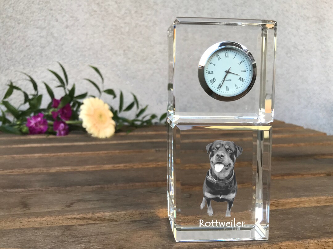 Rottweiler Engraved Crystal Clock, Crystal Clock With Dog, Standing ...