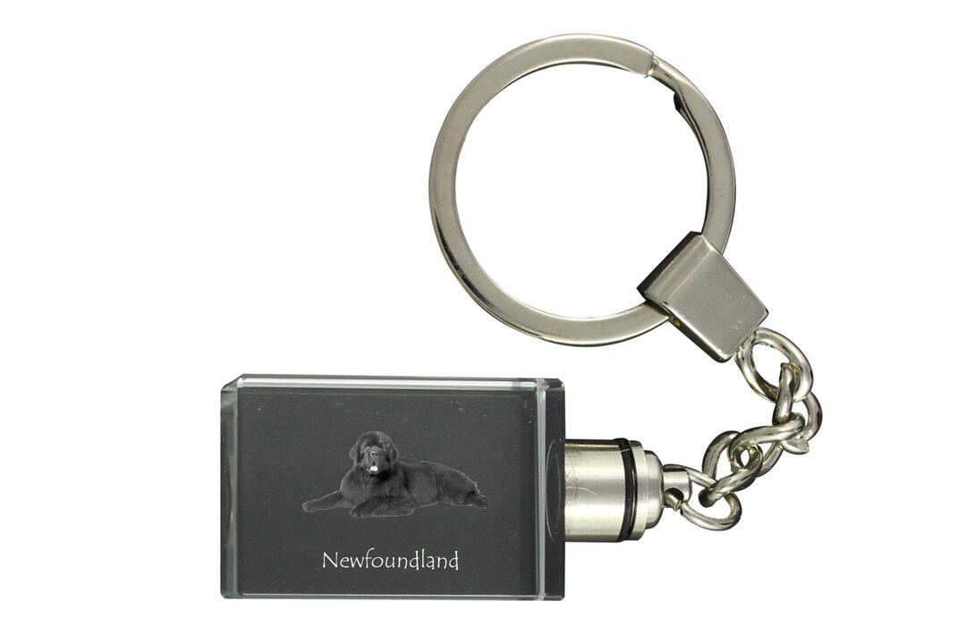 Newfoundland Crystal Keyring With a Dog, Engraved Crystal Key Ring ...