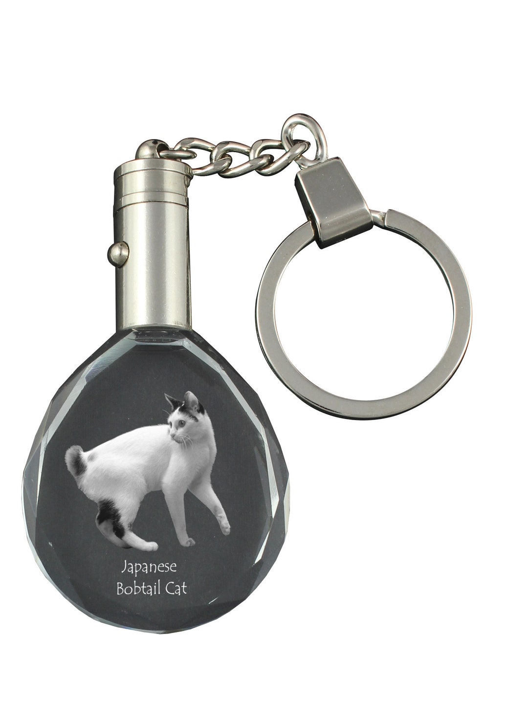 Japanese Bobtail Cat Crystal Keyring With a Cat, Engraved Crystal Key ...