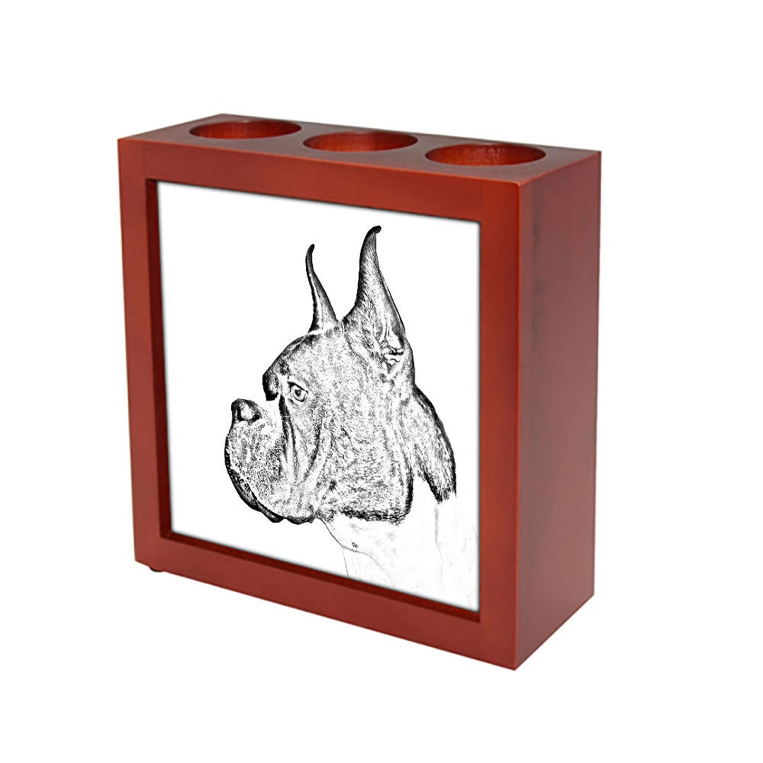 Boxer Pen Holder With Dog, Wooden Pencil Stand With Photo, Brush Holder ...