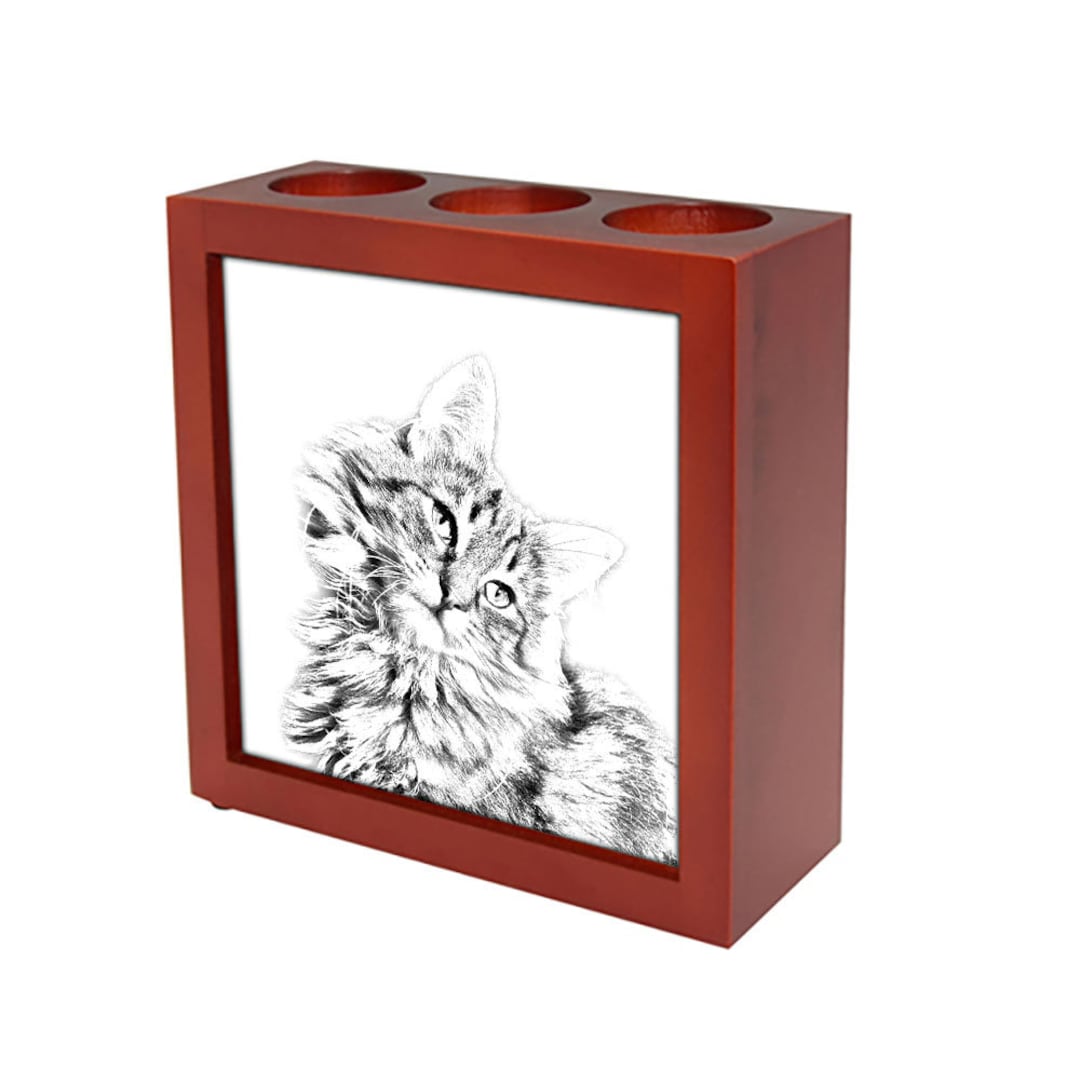 Norwegian Forest Cat Pen Holder With Cat, Wooden Pencil Stand With ...