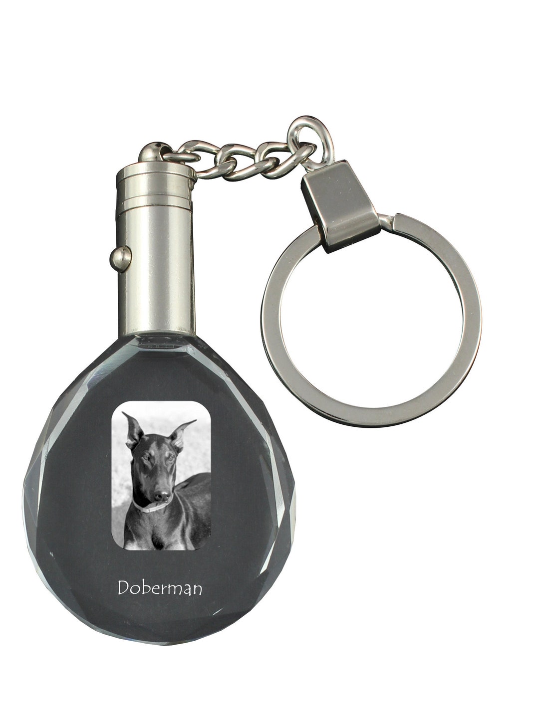 Doberman Crystal Keyring With a Dog, Engraved Crystal Key Ring, Custom ...