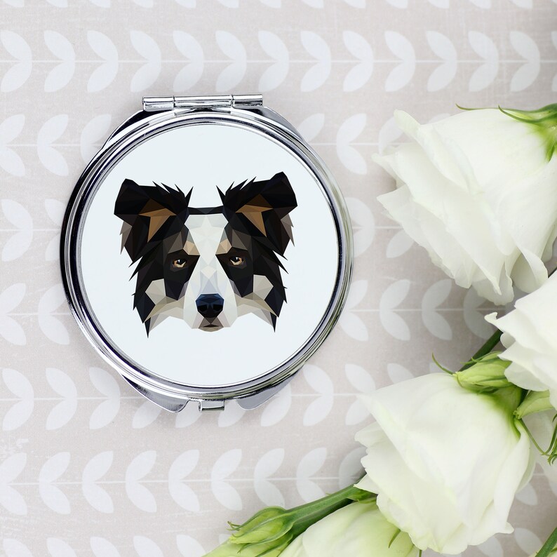 Pocket Mirror With a Geometric Dog, Border Collie. Two Mirrors Inside ...