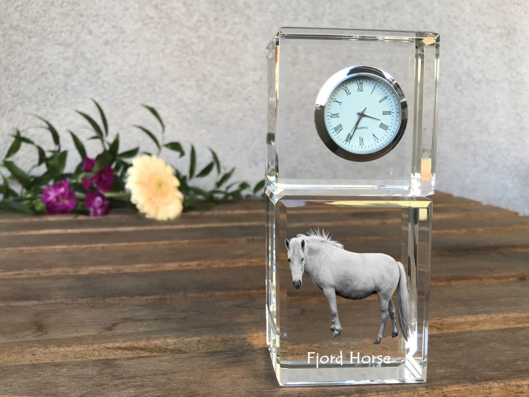 Fjord Horse Engraved Crystal Clock, Crystal Clock With Horse, Standing ...