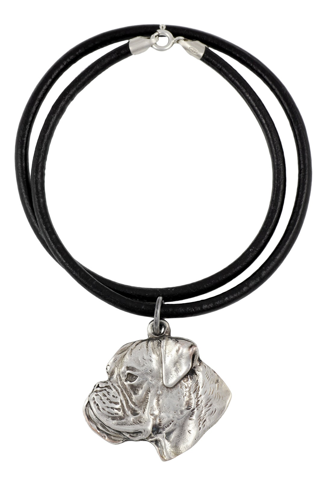 Boxer Necklace, Silver Plated Dog Pendant on a Leather Cord, Natural ...