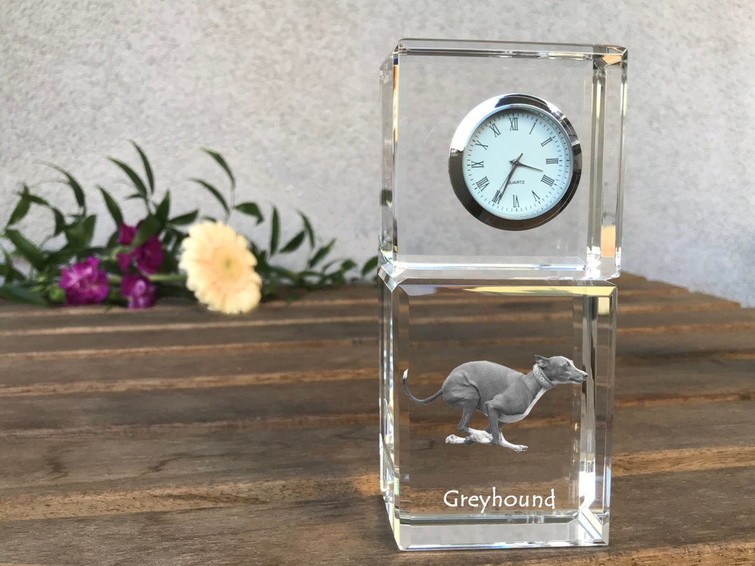 Greyhound Engraved Crystal Clock, Crystal Clock With Dog, Standing ...