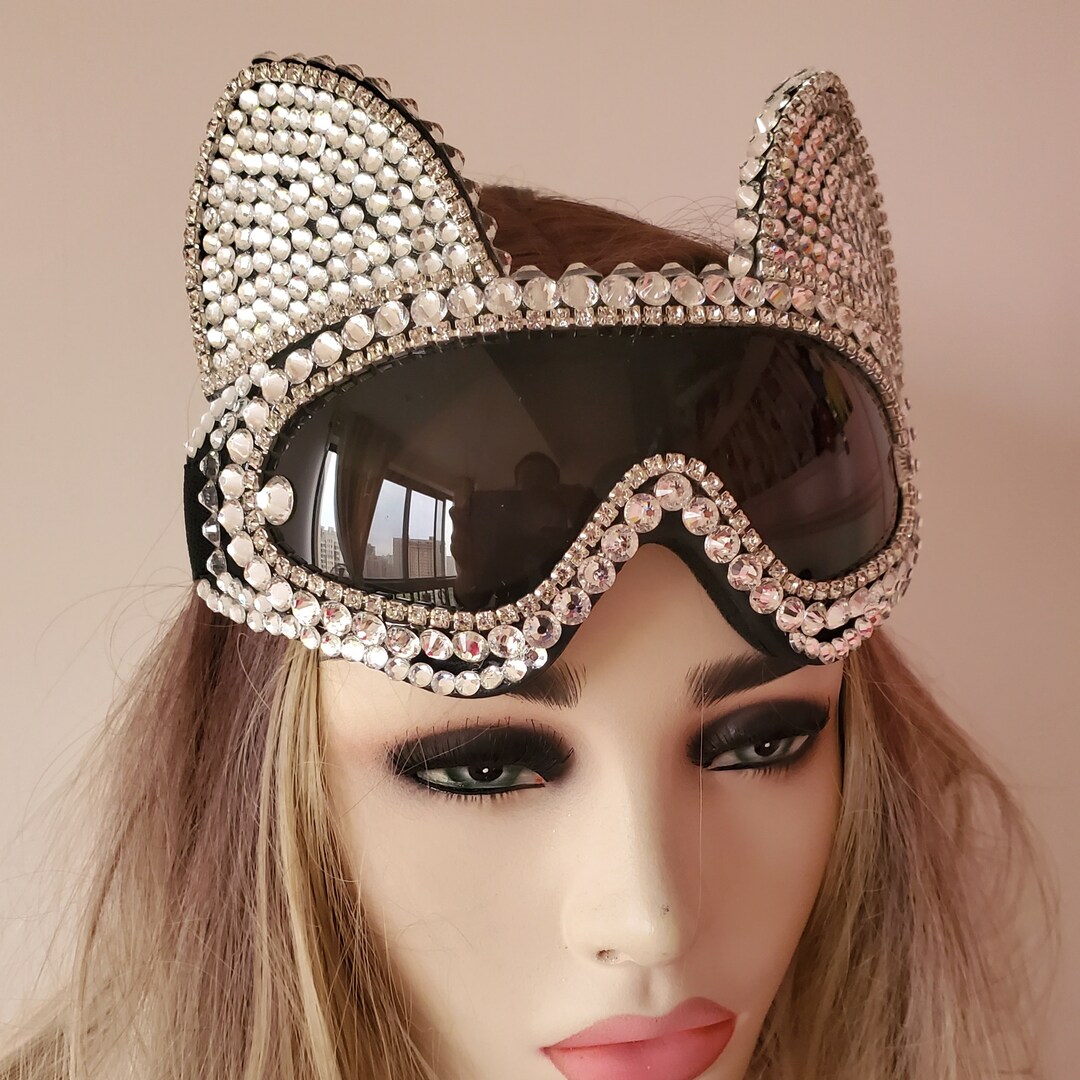 Holographic Rhinestone Rave Cat Burning Man Goggle Festival Mask ...