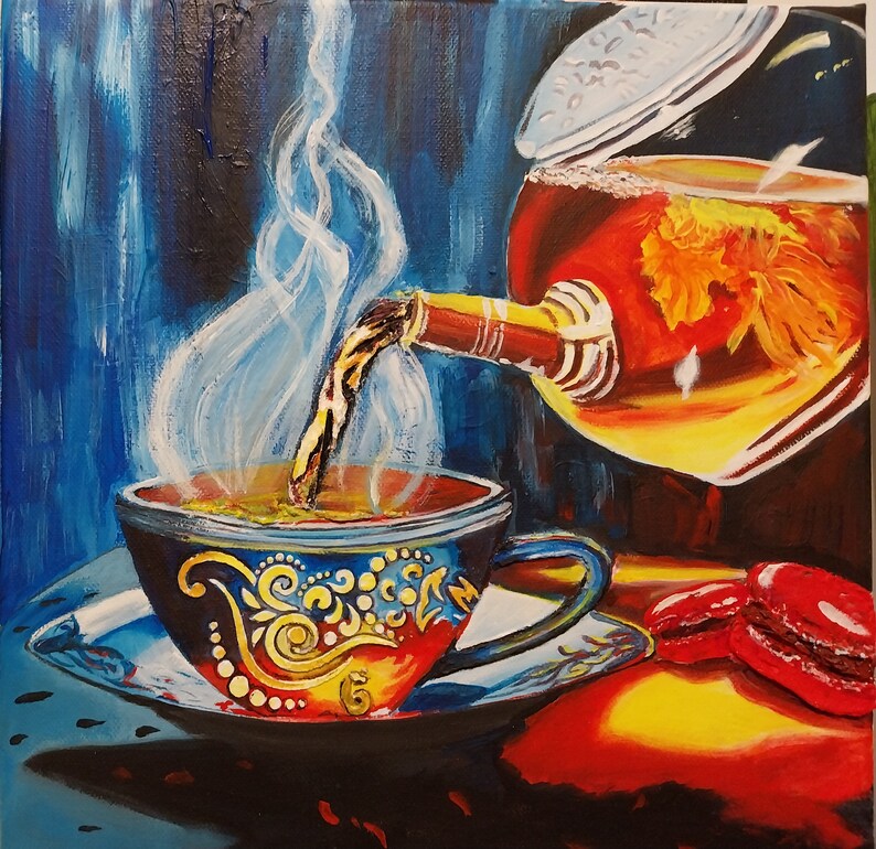 Tea Time Acrylic With Structure Paste and Gilding. Still Life With Tea ...