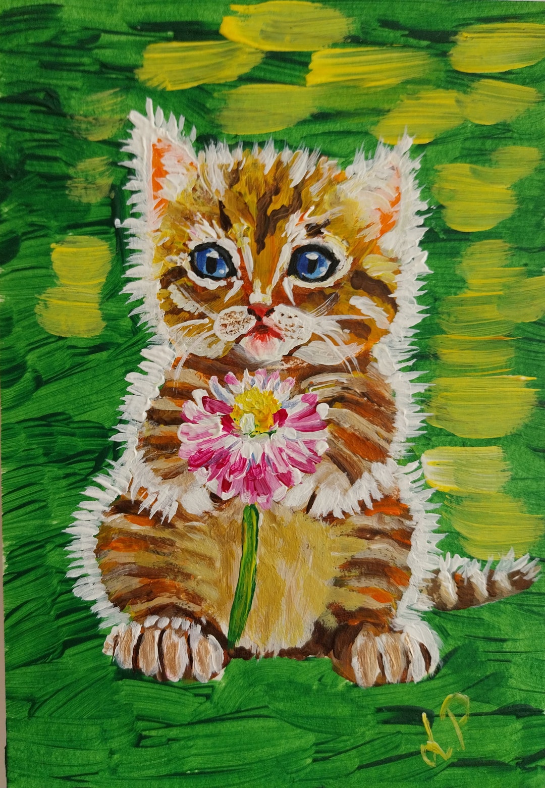Cute Kitten With Flower in Its Paws/ Acrylic Painting Miniature 4 X 6 ...