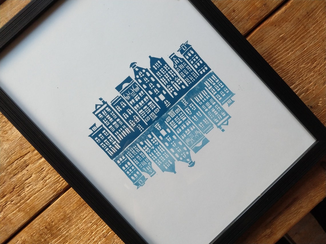 Amsterdam Houses Lino Print Delft Blue Hand-printed - Etsy