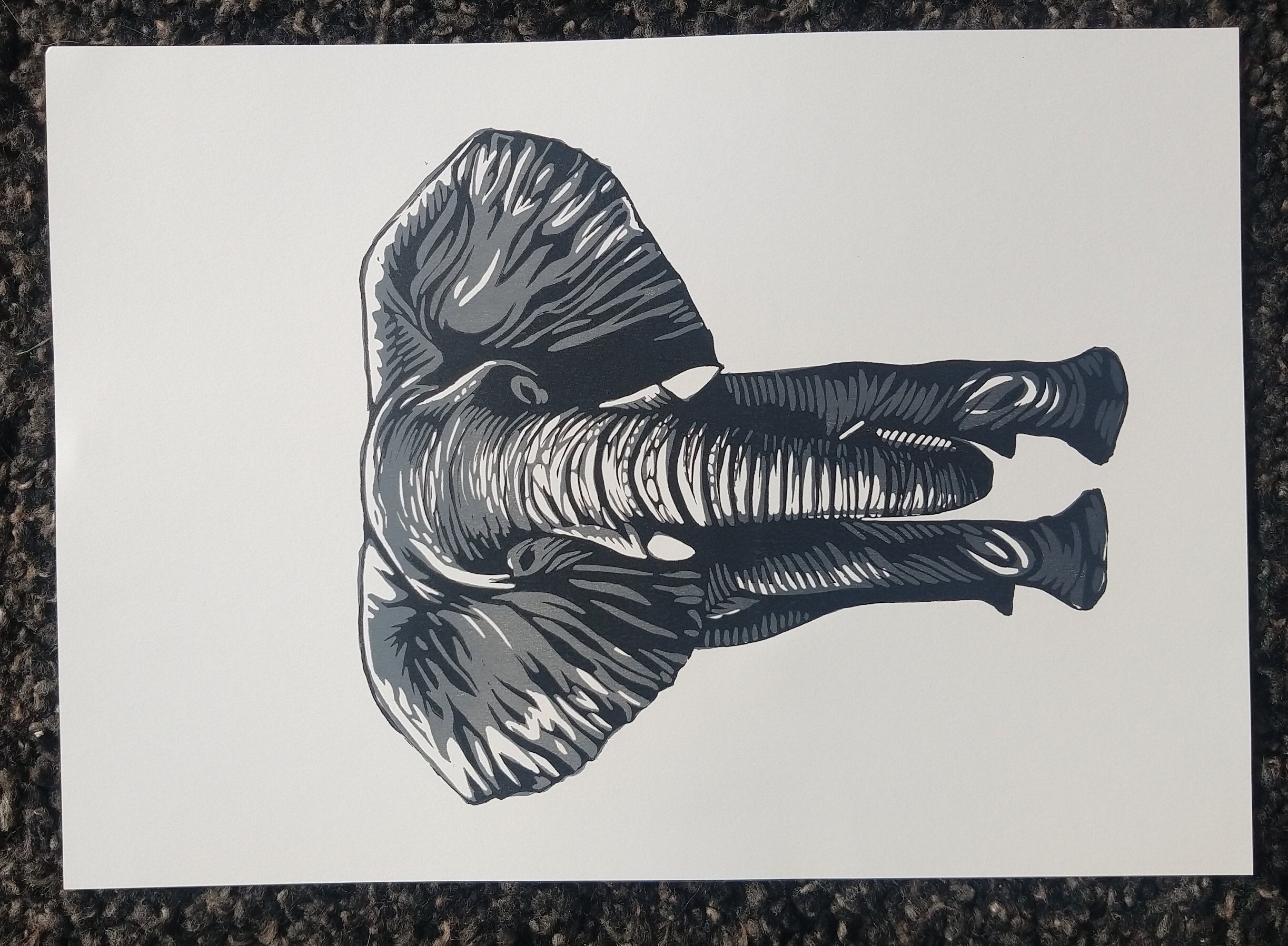 Elephant Lino Print, Two Layers Gradient Relief Print - Etsy