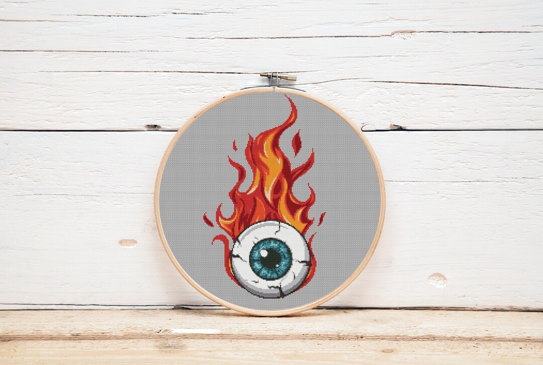 Cross Stitch Pattern Halloween Decor Eyeball on Fire Flame Cross Stitch ...