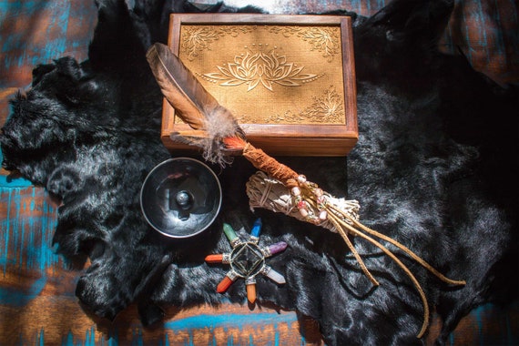 CHAKRA Wheel Shaman SMUDGE FEATHER Lotus Carved Wooden Box - Etsy