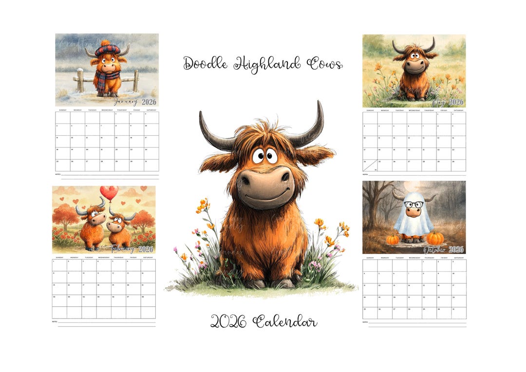 2026 Highland Cow Calendar | Cute Cow Calendar | Scottish Animal Wall ...