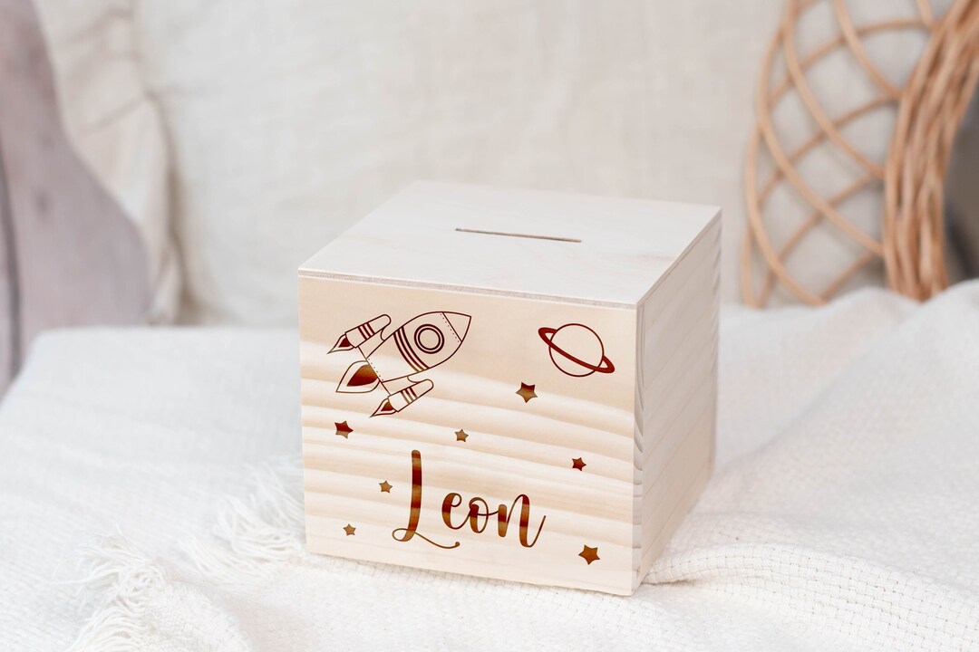 Personalized Money Box Space, Wooden Money Box, Money Box With Name ...