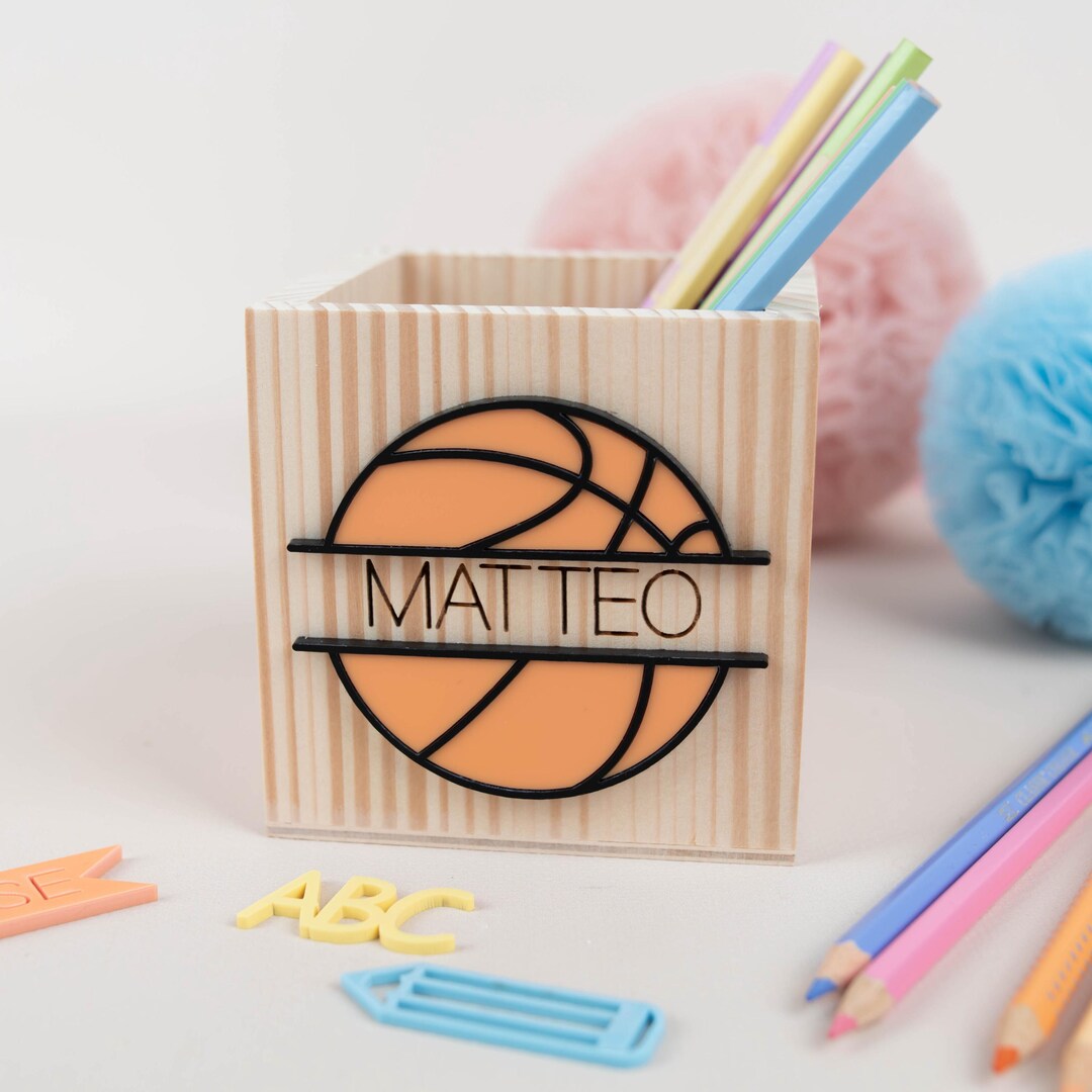 Personalized Wooden Pencil Cup, Basketball Pencil Holder With Name ...