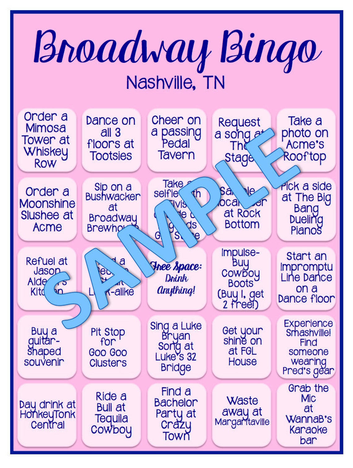 Nashville Bachelorette Broadway Bingo Bar Crawl Game digital File - Etsy