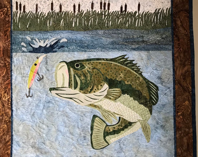 Appliqué Quilt Kit, Largemouth Bass, Fish, Cattails, Lure, Fusible ...
