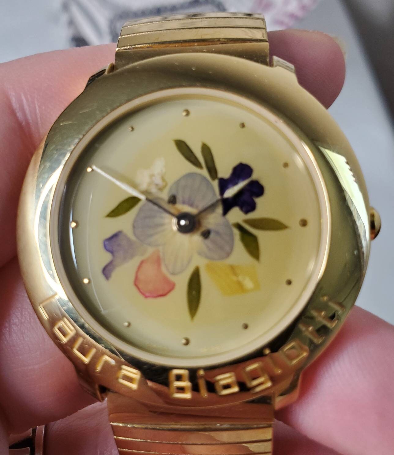 Laura Biagiotti Floral Gold Toned Women's Wrist Watch Designer Floral ...
