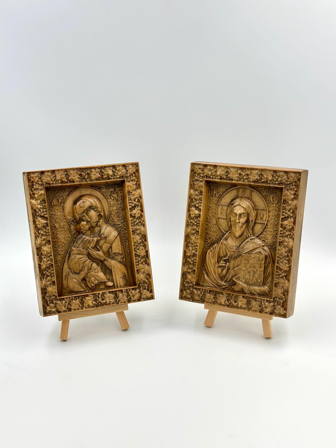 Handcrafted Wooden Icons Set – Jesus Christ and Mother of God ...