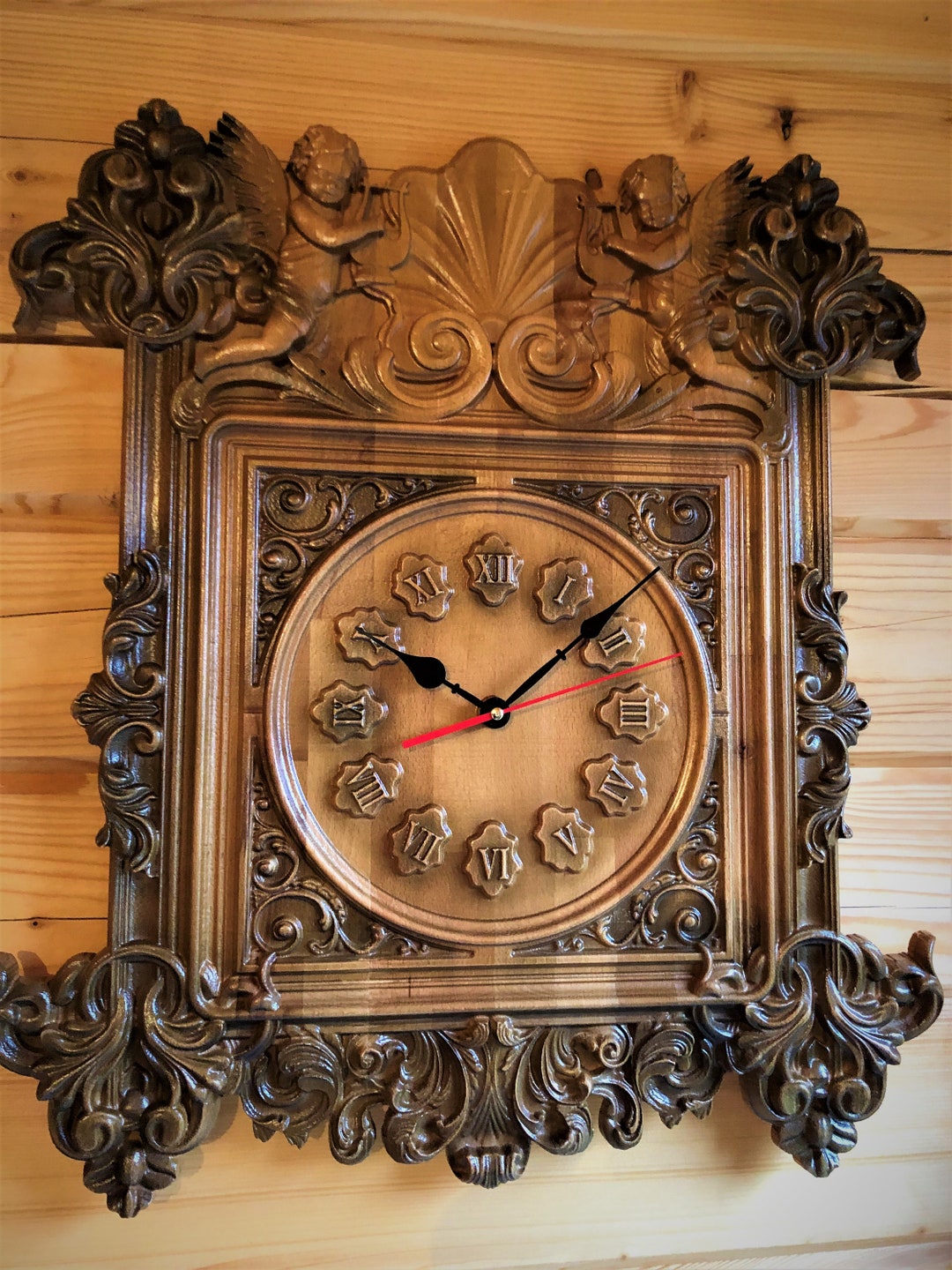 Byzantine Wooden Wall Clock With Angels – Handcrafted Oak & Beech ...