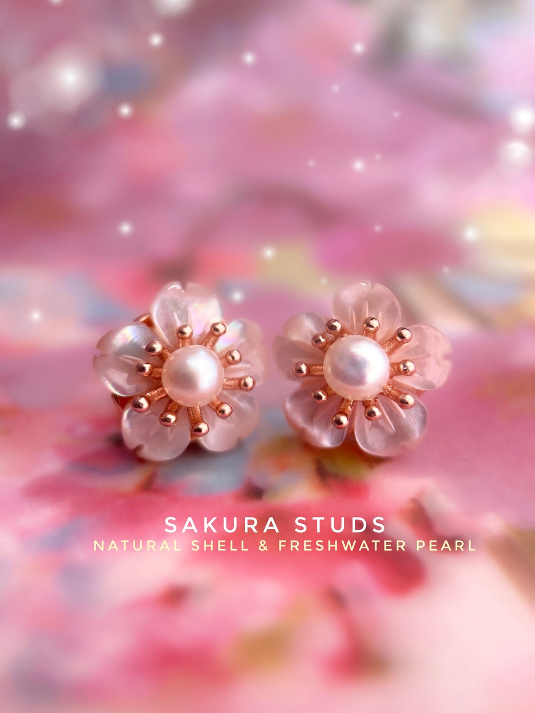 Sakura Studs, Sakura Ear Studs, Shell Earrings, Freshwater Pearl Earrings, Cherry Blossom ...