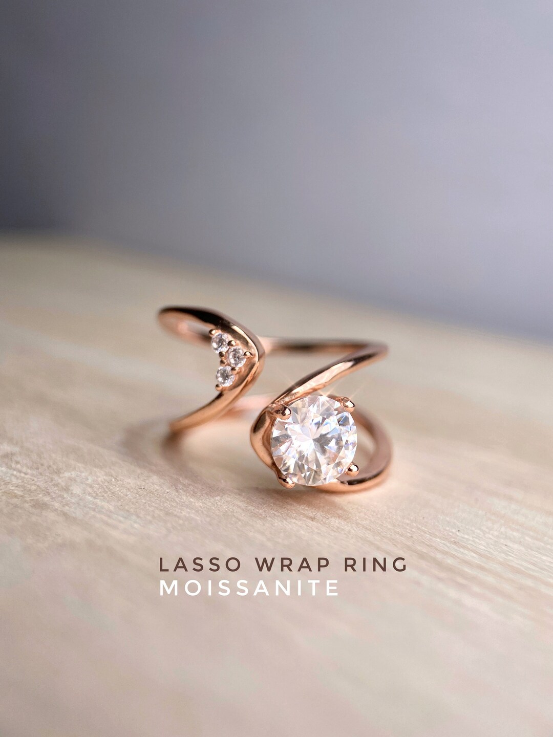 Lasso Wrap Ring, Open Top Ring, White Moissanite Yellow Gold Ring ...